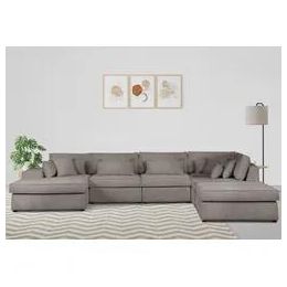 Wohnlandschaft RAUM.ID "Enid U-Form" Sofas Gr. B/H: 460cm x 75cm, Cord, Ottomane links, grau (taupe) 6 Teile, bestehend aus Modulen, in vielen Bezügen, auch Breitcord