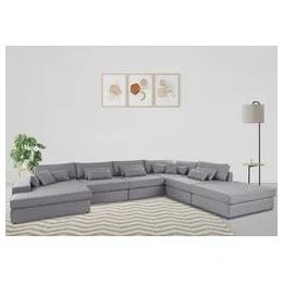 Wohnlandschaft RAUM.ID "Enid U-Form" Sofas Gr. B/H/T: 460cm x 75cm x 330cm, Struktur fein, Ottomane links, grau (hellgrau) 6 Teile, bestehend aus Modulen, in vielen Bezügen, auch Breitcord