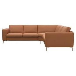 Ecksofa FLEXLUX "Fiore, gleichschenklig, super Sitzkomfort durch Kaltschaum im Sitz", braun (modern cogna), B:257cm H:85cm T:92cm, 100% Echteder, Sofas, breite Armlehnen, Füße Alu+ Eiche, L-Form