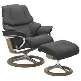 Relaxsessel stressless "Reno" Sessel Gr. ROHLEDER Stoff Q2 FARON, Signature Base Eiche, Relaxfunktion-Drehfunktion-PlusTMSystem-Gleitsystem-BalanceAdaptTM, B/H/T: 92cm x 100cm x 80cm, grau (dunkelgrau q2 faron) mit Hocker, Signature Base, Größe S, M & L, Gestell Eiche