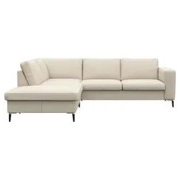 Ecksofa FLEXLUX "Fiore, L-Form" Sofas Gr. B/H/T: 241cm x 85cm x 225cm, Echtleder, Ottomane links, weiß (warm white) breite Armlehnen, Füße Aluschwarz, BT 241225 cm, Kaltschaum im Sitz