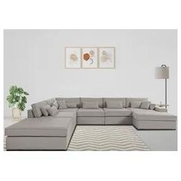 Wohnlandschaft RAUM.ID "Enid U-Form" Sofas Gr. B/H: 460cm x 75cm, Struktur (recyceltes Polyester), Ottomane rechts, beige 6 Teile, bestehend aus Modulen, in vielen Bezügen, auch Breitcord