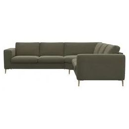 Ecksofa FLEXLUX "Fiore, gleichschenklig, super Sitzkomfort durch Kaltschaum im Sitz" Sofas Gr. B/H/T: 257cm x 85cm x 92cm, Struktur, Schenkel links, grün (moss green) breite Armlehnen, Füße Alu+ Eiche, L-Form