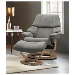 Relaxsessel stressless "Reno" Sessel Gr. ROHLEDER Stoff Q2 FARON, Classic Base Eiche, Relaxfunktion-Drehfunktion-PlusTMSystem-Gleitsystem, B/H/T: 79cm x 98cm x 75cm, grau (grau q2 faron) mit Hocker, Classic Base, Größe S, M & L, Gestell Eiche