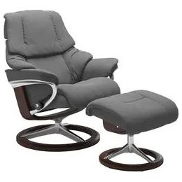 Relaxsessel stressless "Reno" Sessel Gr. Microfaser DINAMICA, Signature Base Braun-L, Relaxfunktion-Drehfunktion-PlusTMSystem-Gleitsystem-BalanceAdaptTM, B/H/T: 92cm x 100cm x 80cm, grau (dunkelgrau dinamica) mit Hocker, Signature Base, Größe S, M & L, Gestell Braun