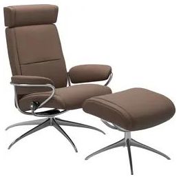 Relaxsessel stressless "Paris" Sessel Gr. Leder BATICK, Star Base-Standard Base, PlusTMSystem-Gleitsystem-Relaxfunktion-Drehfunktion-Kopfstützenverstellung-Rückteilverstellung, B/H/T: 80cm x 98cm x 75cm, braun (mole batick) mit Hocker, Low Back Kopfstütze, Star Base, Gestell Chrom