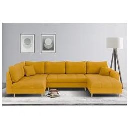 Wohnlandschaft Home Affaire "CHARRE U-Form, incl. 3 Zierkissen" Sofas Gr. B/H/T: 310 cm x 81 cm x 161 cm, Struktur weich, Recamiere rechts, goldfarben (gold) auch in Cord und Bouclé, feine Steppung, lose Rückenkissen