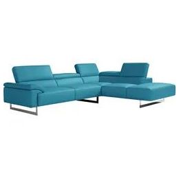 Ecksofa Egoitaliano "Malika" Sofas Gr. B/H/T: 300cm x 94cm x 107cm, Leder BULL, Ottomane rechts, mit Kopfteilverstellung, blau (türkis) mit Ottomane, inkl. Kopfteilverstellung und chromfarbenen Metallfüßen