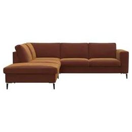 Ecksofa FLEXLUX "Fiore, L-Form" Sofas Gr. B/H/T: 241cm x 85cm x 225cm, Velvet, Ottomane links, braun (cognac) breite Armlehnen, Füße Aluschwarz, BT 241225 cm, Kaltschaum im Sitz