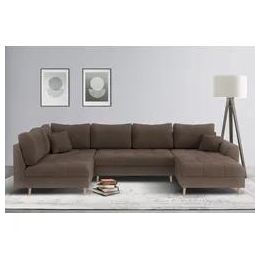 Wohnlandschaft Home Affaire "CHARRE U-Form, incl. 3 Zierkissen" Sofas Gr. B/H/T: 310 cm x 81 cm x 161 cm, Struktur weich, Recamiere rechts, braun auch in Cord und Bouclé, feine Steppung, lose Rückenkissen