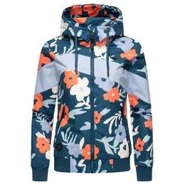 Outdoorjacke Ragwear "Nuggie Block Flower" Gr. XS (34), blau (petrol) Damen Jacken modische Freizeitjacke mit floralem Print