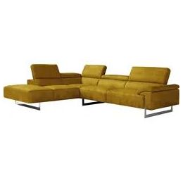 Ecksofa Egoitaliano "Malika" Sofas Gr. B/H/T: 300cm x 94cm x 107cm, Luxus-Microfaser Lederoptik, Ottomane links, mit Kopfteilverstellung, gelb mit Ottomane, inkl. Kopfteilverstellung und chromfarbenen Metallfüßen