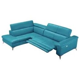 Ecksofa Egoitaliano "Martine" Sofas Gr. B/H/T: 272cm x 96cm x 203cm, Leder BULL, Ottomane links, mit elektrischer Relaxfunktion-mit manueller Kopfteilverstellung, blau (türkis) mit Ottomane, elektrischer Relaxfunktion und Kopfteilverstellung