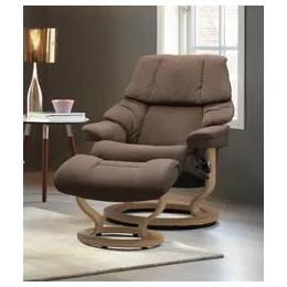 Relaxsessel stressless "Reno" Sessel Gr. ROHLEDER Stoff Q2 FARON, Classic Base Eiche, Relaxfunktion-Drehfunktion-PlusTMSystem-Gleitsystem, B/H/T: 88cm x 98cm x 78cm, braun (dark beige q2 faron) mit Hocker, Classic Base, Größe S, M & L, Gestell Eiche