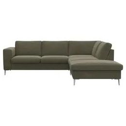 Ecksofa FLEXLUX "Fiore, L-Form" Sofas Gr. B/H/T: 241cm x 85cm x 225cm, Struktur, Ottomane rechts, grün (moss green) breite Armlehnen, Füße alufarben, BT 241225 cm, Kaltschaum im Sitz