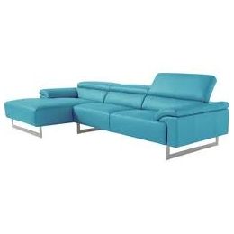 Ecksofa Egoitaliano "Malika, L-Form" Sofas Gr. B/H/T: 287cm x 94cm x 165cm, Leder BULL, Recamiere links, mit Kopfteilverstellung, blau (türkis) mit Recamiere, inkl. Kopfteilverstellung und chromfarbenen Metallfüßen