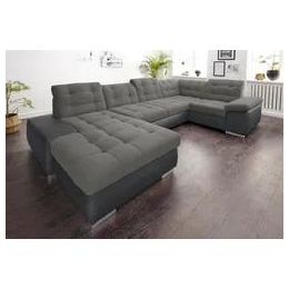 Sit & More Wohnlandschaft SIT & MORE "Ontario U-Form" Sofas Gr. B/H/T: 355cm x 75cm x 208cm, NaturLEDER, Recamiere links, mit Bettfunktion-XXL, schwarz (schwarz/steingrau) XXL, wahlweise mit Bettfunktion