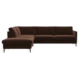 Ecksofa FLEXLUX "Fiore, L-Form" Sofas Gr. B/H/T: 266cm x 85cm x 225cm, Velvet, Ottomane links, braun (tobacco) schmale Armlehnen, Kaltschaum, Füße Alu+schwarz