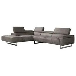 Ecksofa Egoitaliano "Malika" Sofas Gr. B/H/T: 300cm x 94cm x 107cm, Luxus-Microfaser Lederoptik, Ottomane links, mit Kopfteilverstellung, grau (steingrau) mit Ottomane, inkl. Kopfteilverstellung und chromfarbenen Metallfüßen