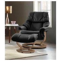 Relaxsessel stressless "Reno" Sessel Gr. Leder PALOMA, Classic Base Eiche-M, Relaxfunktion-Drehfunktion-PlusTMSystem-Gleitsystem, B/H/T: 79cm x 98cm x 75cm, schwarz (black paloma) mit Hocker, Classic Base, Größe S, M & L, Gestell Eiche