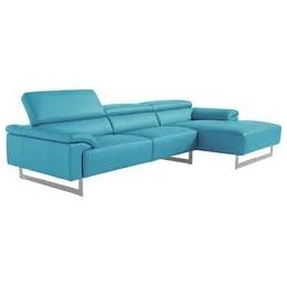 Ecksofa Egoitaliano "Malika, L-Form" Sofas Gr. B/H/T: 287cm x 94cm x 165cm, Leder BULL, Recamiere rechts, mit Kopfteilverstellung, blau (türkis) mit Recamiere, inkl. Kopfteilverstellung und chromfarbenen Metallfüßen