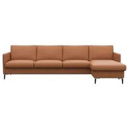 Ecksofa FLEXLUX "Fiore, L-Form, bequem und komfortabel durch hochwertigem Sitzaufbau" Sofas Gr. B/H/T: 280cm x 85cm x 159cm, Echtleder, Chaiselongue rechts, braun (modern cogna) schmale Armlehnen, Kaltschaum, Füße Alu+schwarz