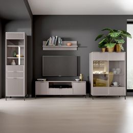 Lomadox Wohnwand LAURO-161, (4-St., Vitrine Wandregal Lowboard Highboard), Wohnzimmer Set Kaschmir beige modern mit Rillenoptik und Beleuchtung