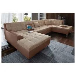 Wohnlandschaft DOMO collection "Treviso incl. Zierkissen, moderne Steppung, XXL: B/T/H: 364/201/83 cm" Sofas Gr. B/H/T: 364cm x 83cm x 201cm, Microfaser PRIMABELLE-Struktur, Recamiere links, mit Bettfunktion, braun (braun/beigebraun) wahlweise mit Bettfunktion, in vielen Bezugsarten auch Cord U-Form