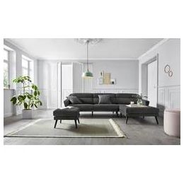 Ecksofa Andas "Bille L-Form" Sofas Gr. B/H/T: 302cm x 86cm x 178cm, Samtoptik, Recamiere rechts, grau (anthrazit) mit Naht im Rückenkissen und Beinen aus Eichenholz