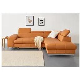 Ecksofa COTTA "Chef L-Form" Sofas Gr. B/H/T: 257cm x 72cm x 206cm, Leder PAMPAS, Ottomane rechts, mit Kopfteilverstellung-mit Bettfunktion, gelb (amber) mit Kopfteilverstellung, wahlweise Bettfunktion