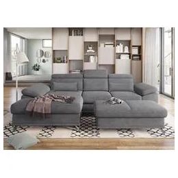 Sit & More Ecksofa SIT & MORE "Cabrio L-Form" Sofas Gr. B/H/T: 295cm x 87cm x 180cm, Struktur weich, Recamiere links, mit Sitztiefenverstellung-mit Kopfteilverstellung-mit Armteilfunktion-mit 2 Nierenkissen, grau mit Sitztiefen- und Armteilverstellung sowie Federkern, 2 Nierenkissen