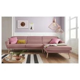 Ecksofa Andas "Bille L-Form" Sofas Gr. B/H/T: 302cm x 86cm x 178cm, Luxus-Microfaser weich, Recamiere rechts, rosa (rosé) mit Naht im Rückenkissen und Beinen aus Eichenholz