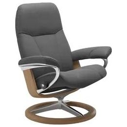 Relaxsessel stressless "Consul" Sessel Gr. Leder BATICK, Signature Base Eiche, BalanceAdaptTM-PlusTMSystem-Gleitsystem-Relaxfunktion-Drehfunktion-Kopfstützenverstellung-Rückteilverstellung, B/H/T: 78cm x 97cm x 70cm, grau (grey batick) mit Signature Base, Größe S, Gestell Eiche