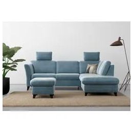 Ecksofa Home Affaire "Trelleborg L-Form" Sofas Gr. B/H/T: 252 cm x 86 cm x 213 cm, Breitcord, Ottomane rechts, mit Bettfunktion-mit Stauraum, blau (blau, grau) wahlweise mit Bettfunktion und Bettkasten, inkl. Federkern-Polsterung