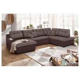 Wohnlandschaft Home Affaire "Föhr U-Form" Sofas Gr. B/H/T: 310cm x 75cm x 200cm, Microfaser PRIMABELLE-Webstoff, Recamiere links, mit Bettfunktion, braun (mittelbraun) wahlweise mit Bettfunktion