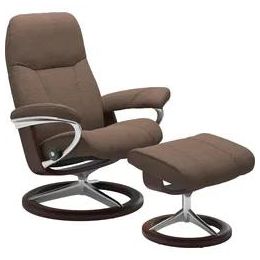 Relaxsessel stressless "Consul" Sessel Gr. ROHLEDER Stoff Q2 FARON, Signature Base Braun, BalanceAdaptTM-PlusTMSystem-Gleitsystem-Relaxfunktion-Drehfunktion-Kopfstützenverstellung-Rückteilverstellung, B/H/T: 82cm x 102cm x 72cm, braun (dark beige q2 faron) mit Hocker, Signature Base, Größe M, Gestell Braun