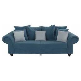 Big-Sofa Home Affaire "King Henry" Sofas Gr. B/H/T: 242cm x 90cm x 103cm, Samtstoff, ohne Funktion, blau (petrol) in legerer Polsterung und vielen losen Kissen