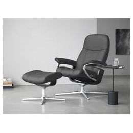 Relaxsessel stressless "Consul" Sessel Gr. Leder BATICK, Cross Base Schwarz, M, Relaxfunktion-Drehfunktion-PlusTMSystem-Gleitsystem-BalanceAdaptTM, B/H/T: 82cm x 102cm x 72cm, grau (grey batick) mit Hocker, Cross Base, Größe S, M & L, Holzakzent Schwarz