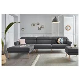 Ecksofa Andas "Bille L-Form" Sofas Gr. B/H/T: 302cm x 86cm x 178cm, Struktur, Recamiere links, grau (anthrazit) mit Naht im Rückenkissen und Beinen aus Eichenholz