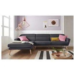 Ecksofa Andas "Bille L-Form" Sofas Gr. B/H/T: 302cm x 86cm x 178cm, Luxus-Microfaser weich, Recamiere links, grau (dunkelgrau) mit Naht im Rückenkissen und Beinen aus Eichenholz