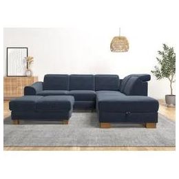 Ecksofa Home Affaire "Dundee L-Form" Sofas Gr. B/H/T: 263cm x 86cm x 219cm, Flachgewebe, Ottomane rechts, mit Bettfunktion-mit Stauraum-mit Kopfteilverstellung, blau (graublau) wahlweise mit Kopfteilverstellung und zusätzlich Bettfunktion