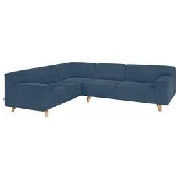 Ecksofa Tom Tailor HOME "NORDIC PURE" Sofas Gr. B/H/T: 269cm x 77cm x 226cm, Samtstoff STC, langer Schenkel rechts, blau (ink blue stc 6) im Retrolook, Füße Buche natur