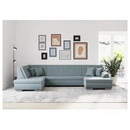 Wohnlandschaft DOMO collection "Treviso incl. Zierkissen, moderne Steppung, XXL: B/T/H: 364/201/83 cm" Sofas Gr. B/H/T: 364cm x 83cm x 201cm, Struktur fein, Recamiere rechts, mit Bettfunktion, grün (mint) wahlweise mit Bettfunktion, in vielen Bezugsarten auch Cord U-Form