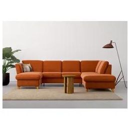 Wohnlandschaft Home Affaire "Trelleborg U-Form" Sofas Gr. B/H/T: 307 cm x 86 cm x 213 cm, Feincord, Ottomane rechts, mit Bettfunktion-mit Stauraum, rosegold (kupfer) wahlweise mit Bettfunktion und Bettkasten, inkl. Federkern-Polsterung