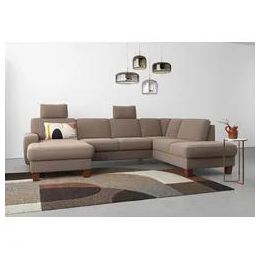 Wohnlandschaft Home Affaire "Vision U-Form" Sofas Gr. B/H/T: 315cm x 90cm x 215cm, Struktur weich, Ottomane rechts, ohne Bettfunktion-ohne Stauraum, grau (taupe) wahlweise mit Bettfunktion und Stauraum, auch in Easy Care-Bezug