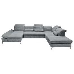 Wohnlandschaft ED EXCITING DESIGN "Melfi U-Form" Sofas Gr. B/H/T: 350cm x 73cm x 245cm, Microvelours, Ottomane rechts, grau mit Bettfunktion, Bettkasten, Nierenkissen, frei im Raum stellbar