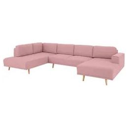 Wohnlandschaft Home Affaire "Lasse U-Form" Sofas Gr. B/H/T: 355cm x 84cm x 203cm, Struktur fein, Ottomane links, rosa (rosé) im scandinavischem Stil mit Holzfüßen