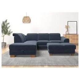 Ecksofa Home Affaire "Dundee L-Form" Sofas Gr. B/H/T: 263cm x 86cm x 219cm, Flachgewebe, Ottomane links, mit Bettfunktion-mit Stauraum-mit Kopfteilverstellung, blau (graublau) wahlweise mit Kopfteilverstellung und zusätzlich Bettfunktion