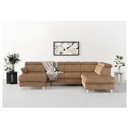 Sit & More Wohnlandschaft SIT & MORE "Marano U-Form", braun (macciato), B:304cm T:216cm, 100% Polyester, Sofas, inklusive Kopfteilverstellung, wahlweise mit Bettfunktion, Bettkasten