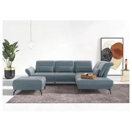 Ecksofa Inosign "Coco L-Form" Sofas Gr. B/H/T: 294cm x 88cm x 242cm, Breitcord, Ottomane rechts, ohne Sitztiefenverstellung-ohne Armteilverstellung-ohne Kopfteilverstellung-ohne Federkern, blau (blau, grau) Sitztiefen-, Arm- und Kopfteilverstellung, Cord-Bezug, Fußhöhe 15 cm